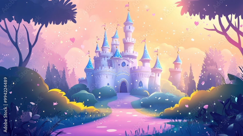 Fantasy fairy tale princess castle design Elegant card cover 2D cartoon ...