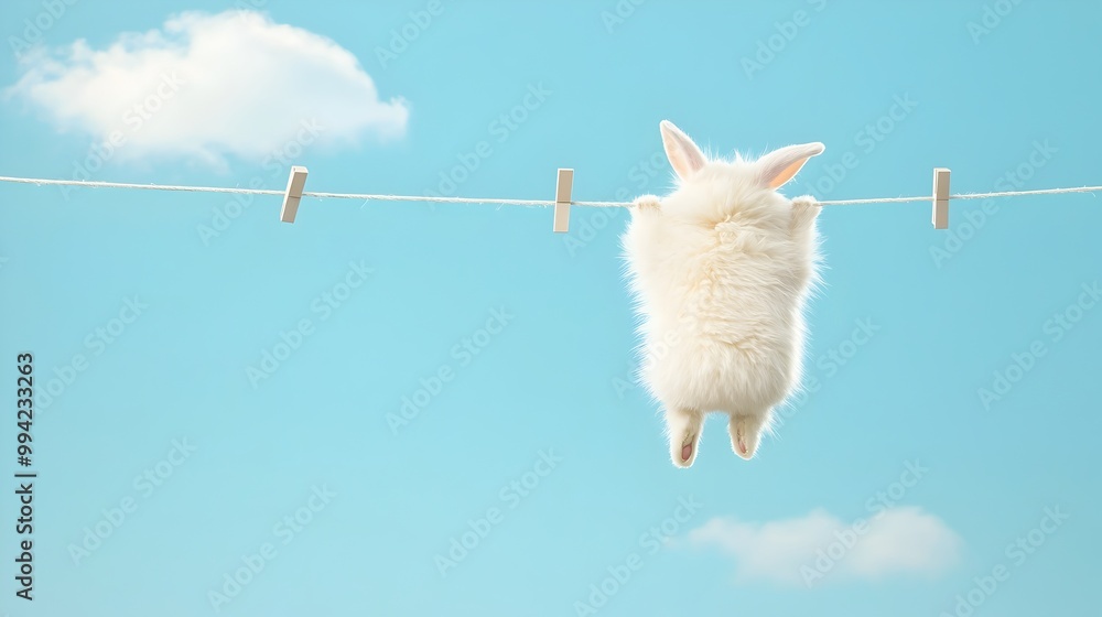 A fluffy and adorable bunny hanging its fur coat on a clothesline ...