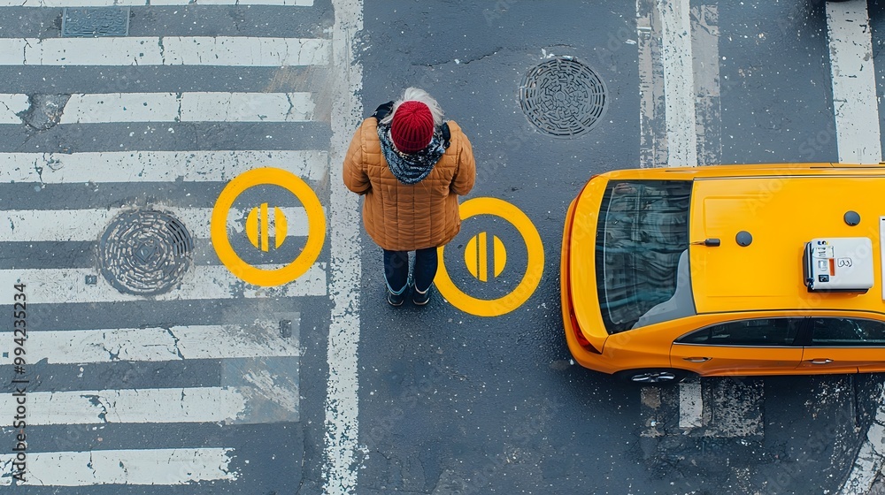 Blind person safely crossing a city street with the help of an audio ...
