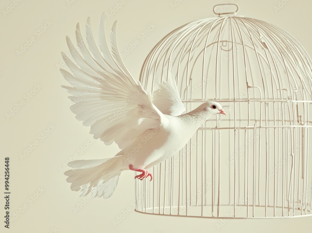 Freedom concept of a bird escaping from a cage full of imprisoned birds ...
