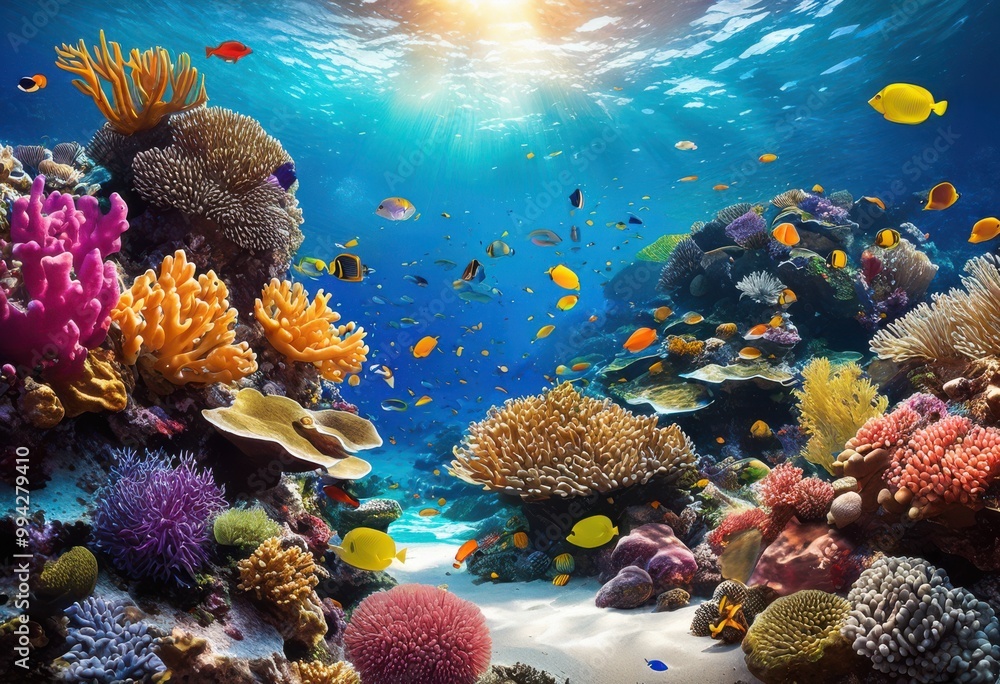colorful coral reefs overflowing marine life including sea underwater ...