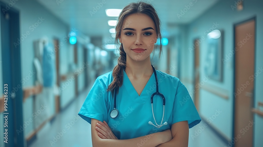 nurse in uniform posing for a portrait in a hospital corridor ...