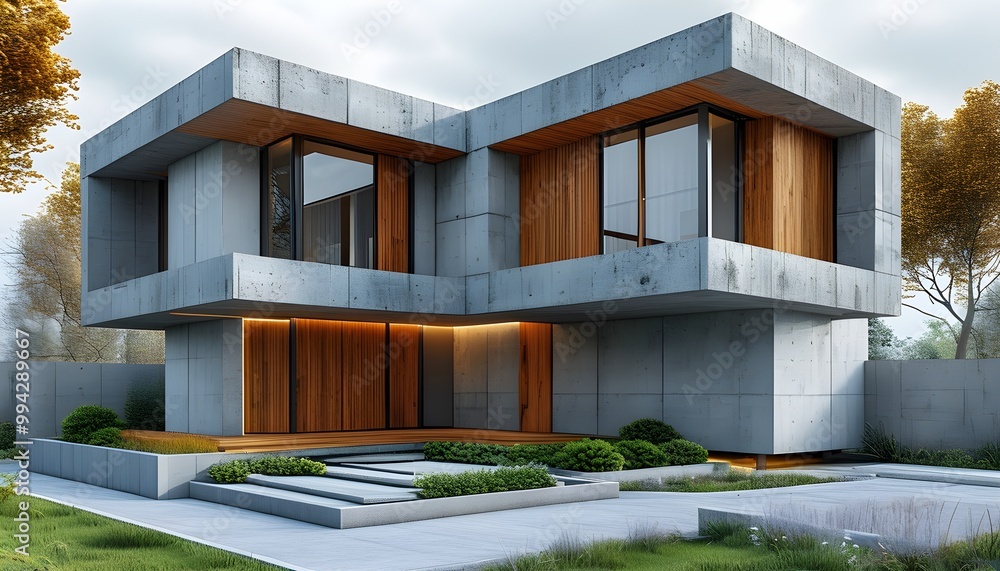 Architectural 3D model showcasing concrete and wooden frame ...