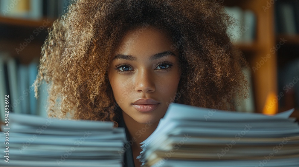 businesswoman looking over a stack of documents, handling office work ...