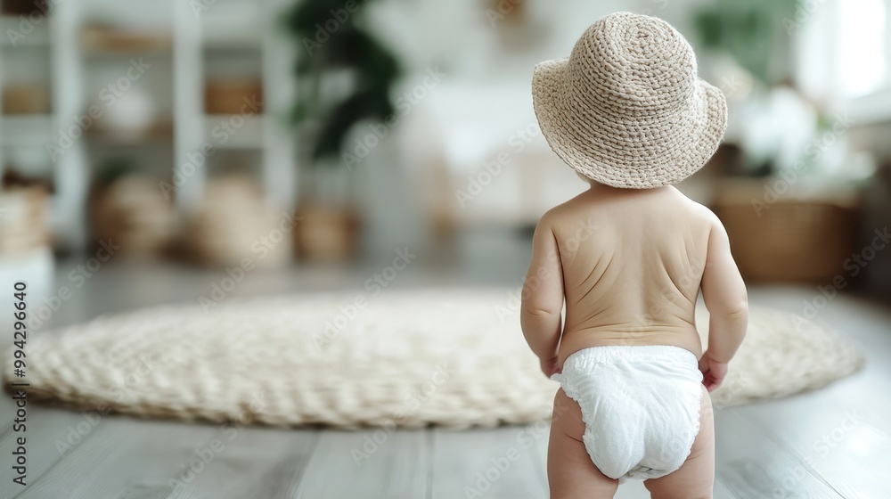 A cute baby wearing only a diaper and a straw hat stands in a bright ...