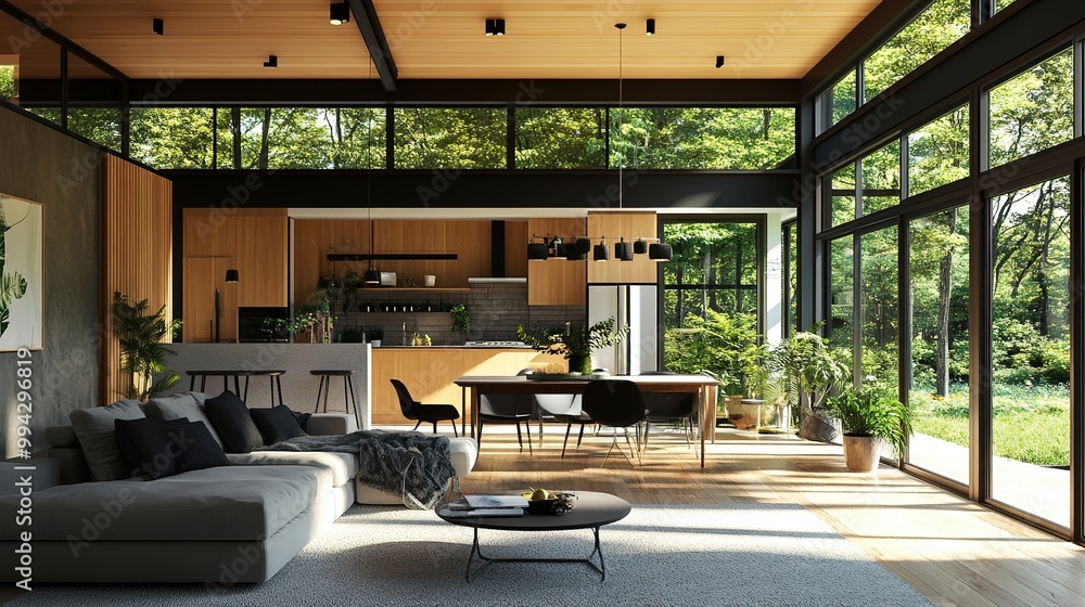 An open-plan living space with eco-friendly features, including energy ...