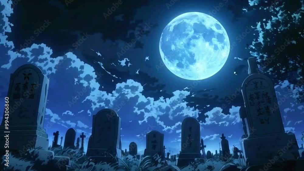 Moonlight shifts over tombstones as clouds pass over the full moon ...