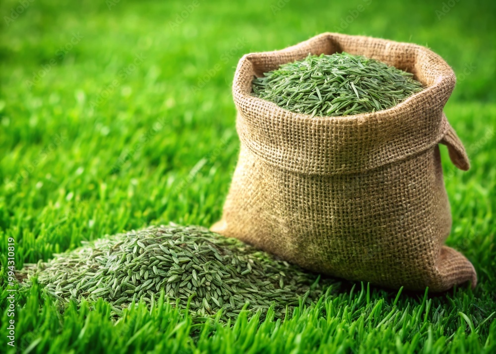 Lush Green Grass Seed Bag Ready for Planting in a Garden or Lawn Area ...