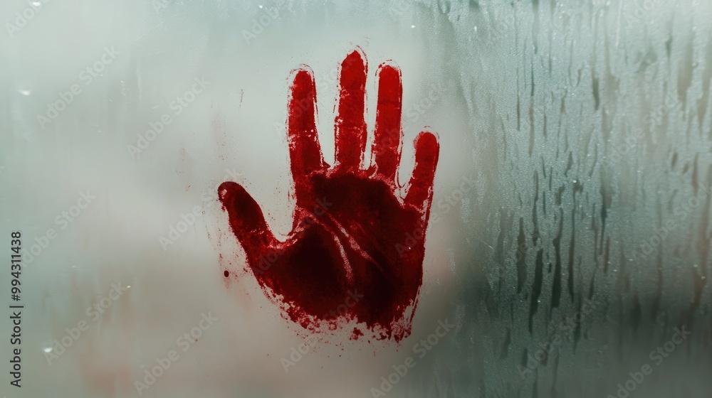 Bloody handprint pressed against a frosted glass surface resembling a ...