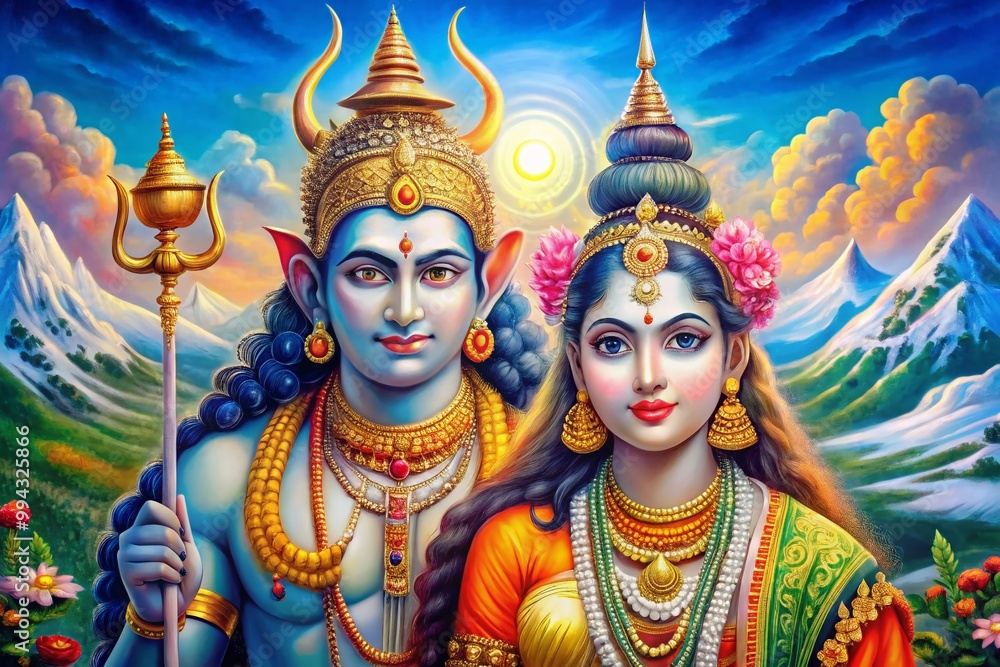 Majestic depiction of Lord Shiva and Goddess Parvati in vibrant colors ...