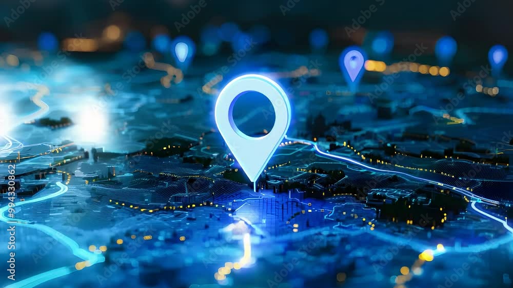 Digital Map with Location Markers, Advanced GPS Navigation, Futuristic ...