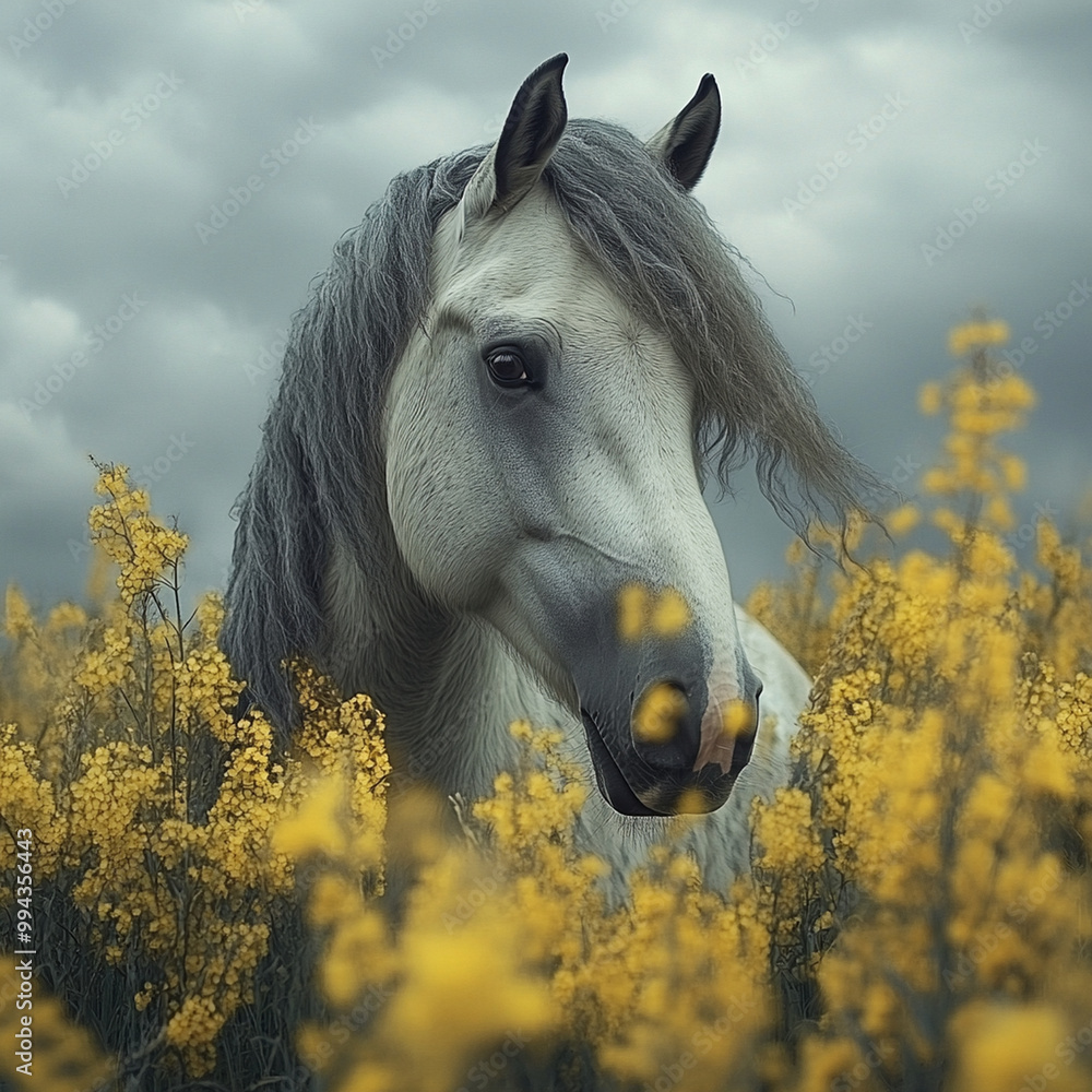 A very realistic Percheron horse stands gracefully in vibrant rapeseed ...