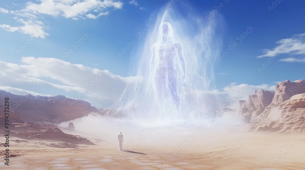 Ethereal figure made of water and light walking in a desert landscape ...
