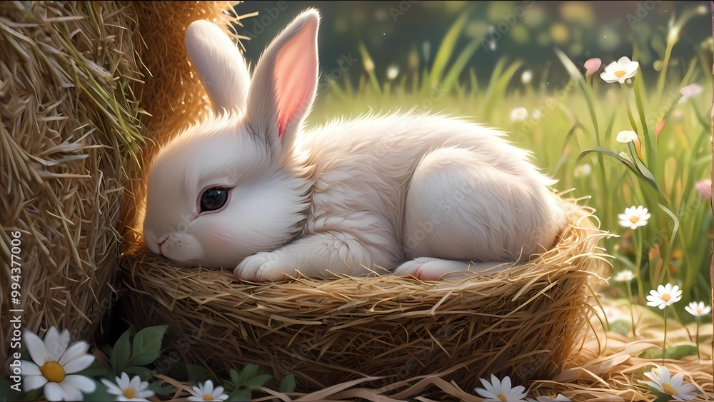 cute baby bunny curled up in a cozy nest of hay, its little eyes ...