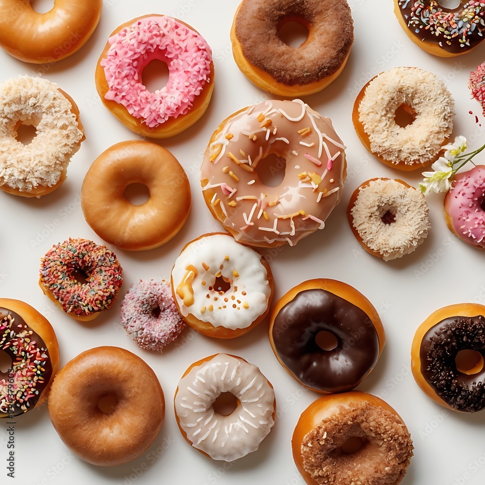 Delicious fresh donuts with topping arrangement in white background ...