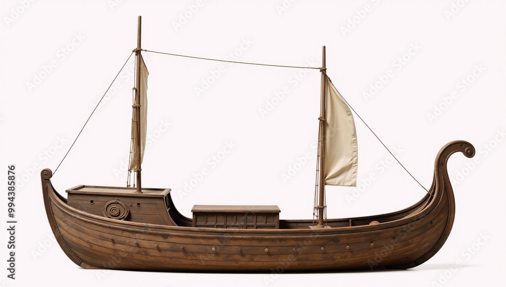 Side-view portrait of an ancient Roman sailboat standing alone against ...