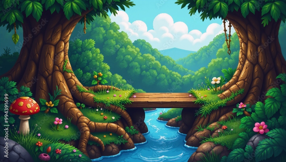 A vintage pixel art jungle path for retro 16-bit RPG wilderness ...