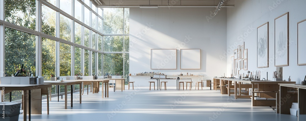 A minimalist art workshop with large, north-facing windows providing ...