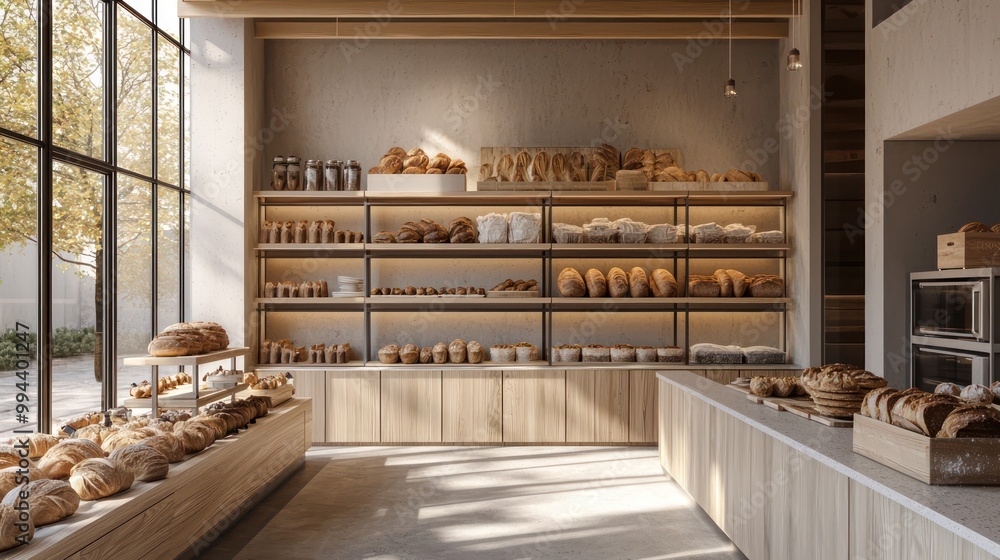 A minimalist bakery with an open kitchen layout, allowing customers to ...