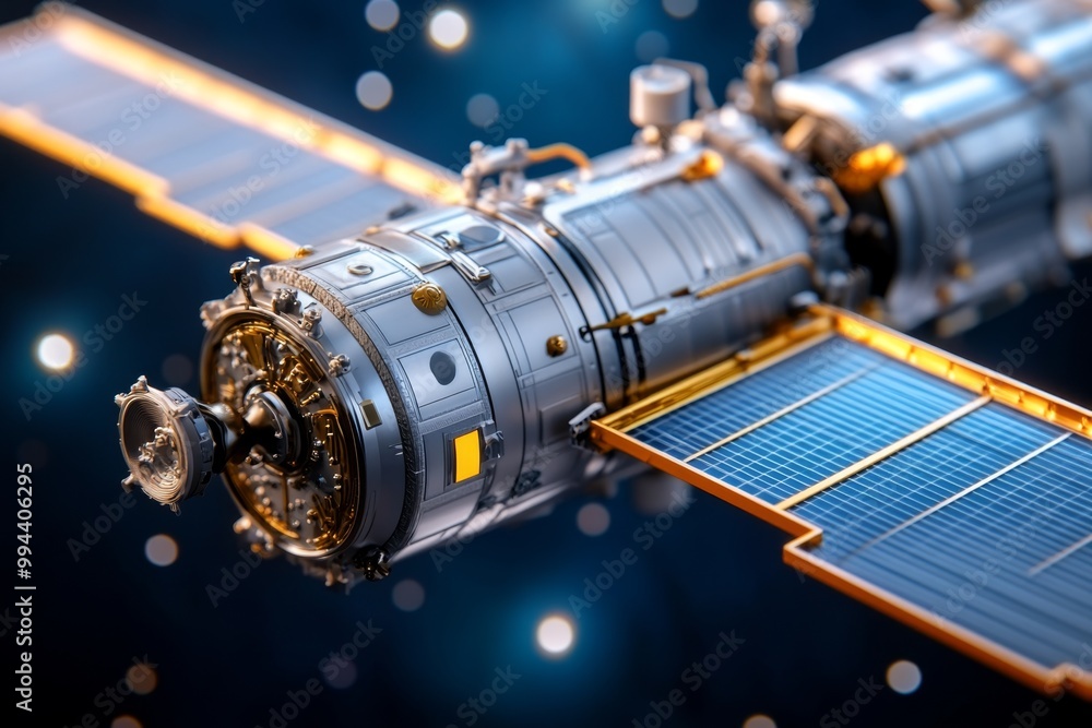A hyper-realistic close-up of a space station module, capturing every ...