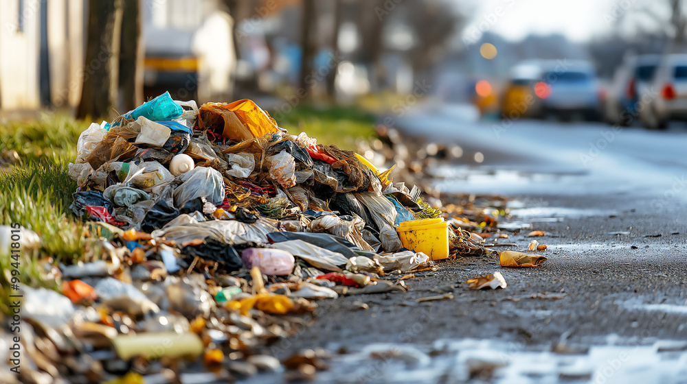 Pile of dumped trash and garbage on urban city street, pollution ...