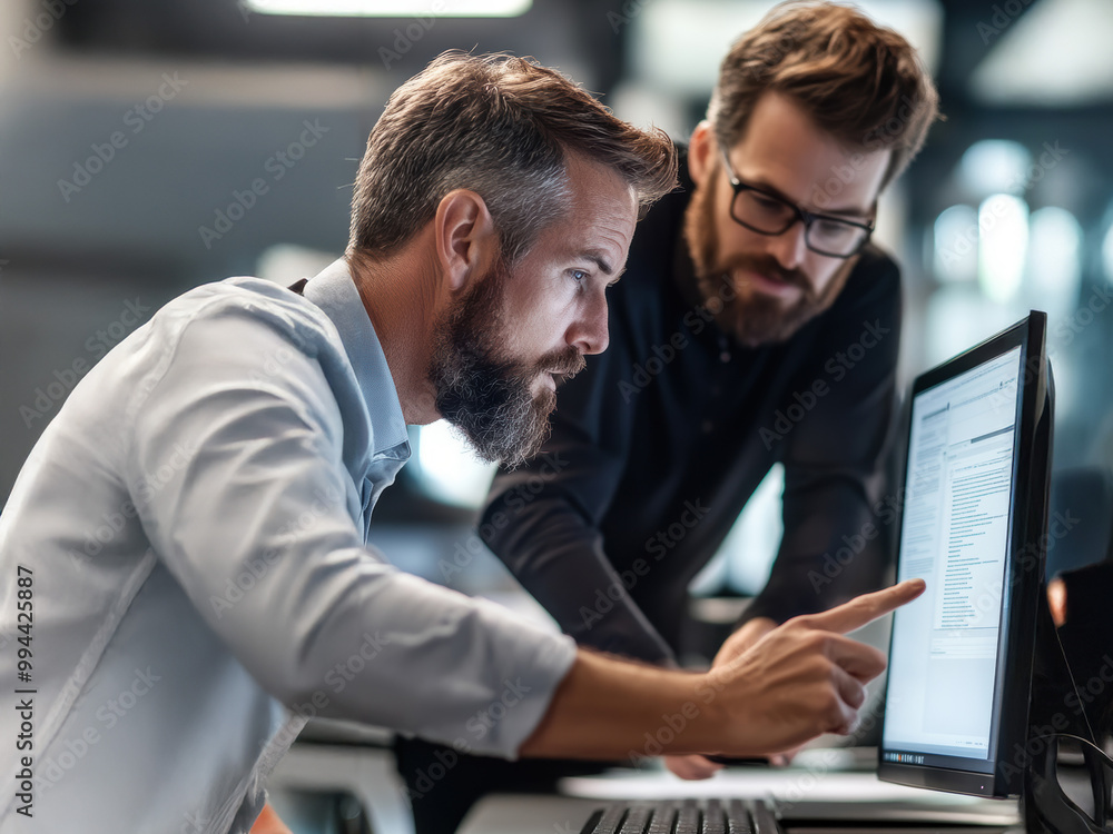 Two men stand intently at a computer, engaged in a serious discussion ...