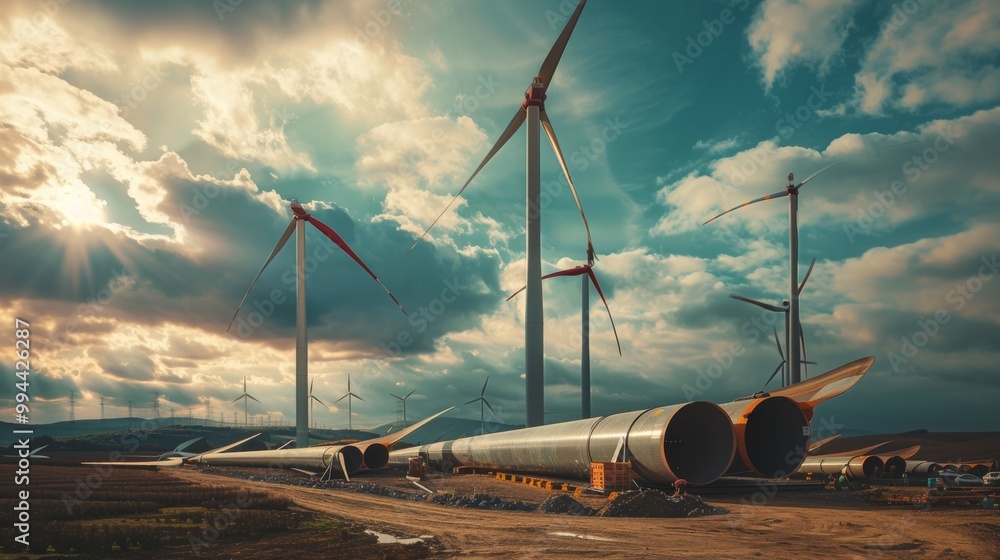 Majestic wind turbines rise against a dramatic sky, with the sun ...