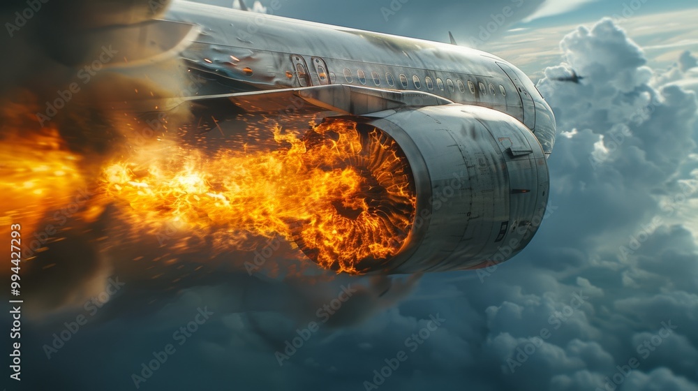 A plane engine on fire during flight, with flames raging and smoke ...