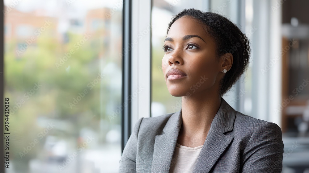 A professional woman reflects thoughtfully by a large window in a ...