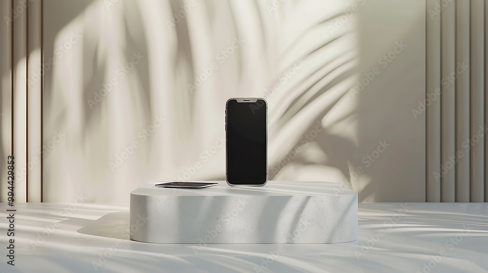 3d smartphone on blue cube podium floating on white copy space ...