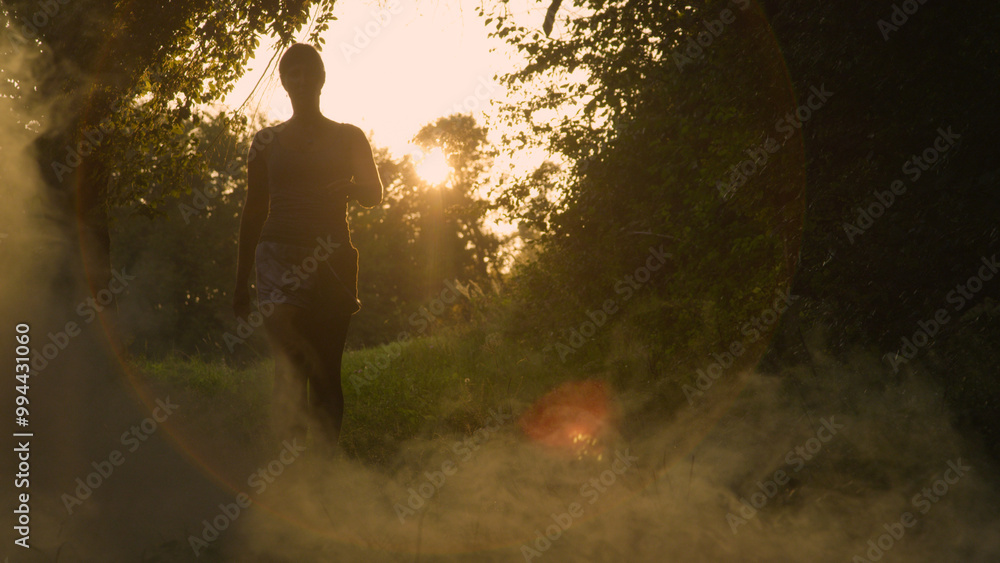 SILHOUETTE, LENS FLARE Lady walks along forest path bathed in soft ...