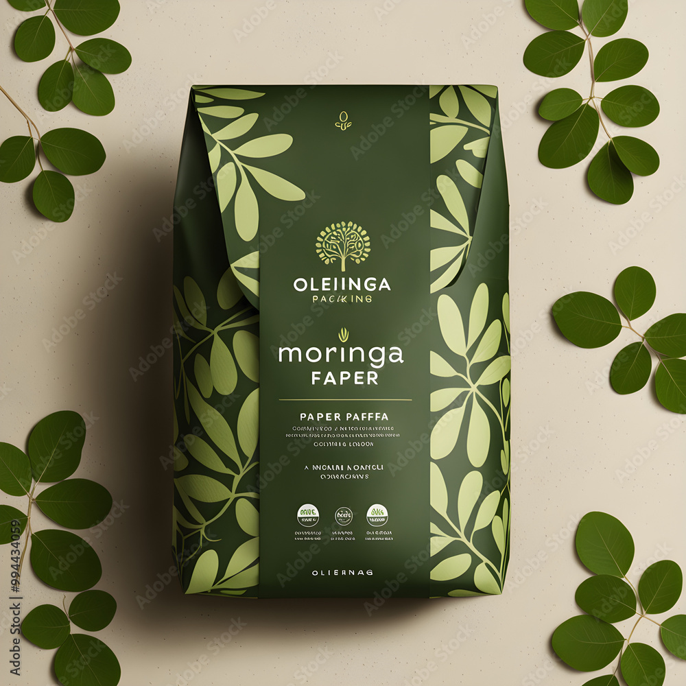 Picture a minimalist, eco-friendly paper package made from moringa ...