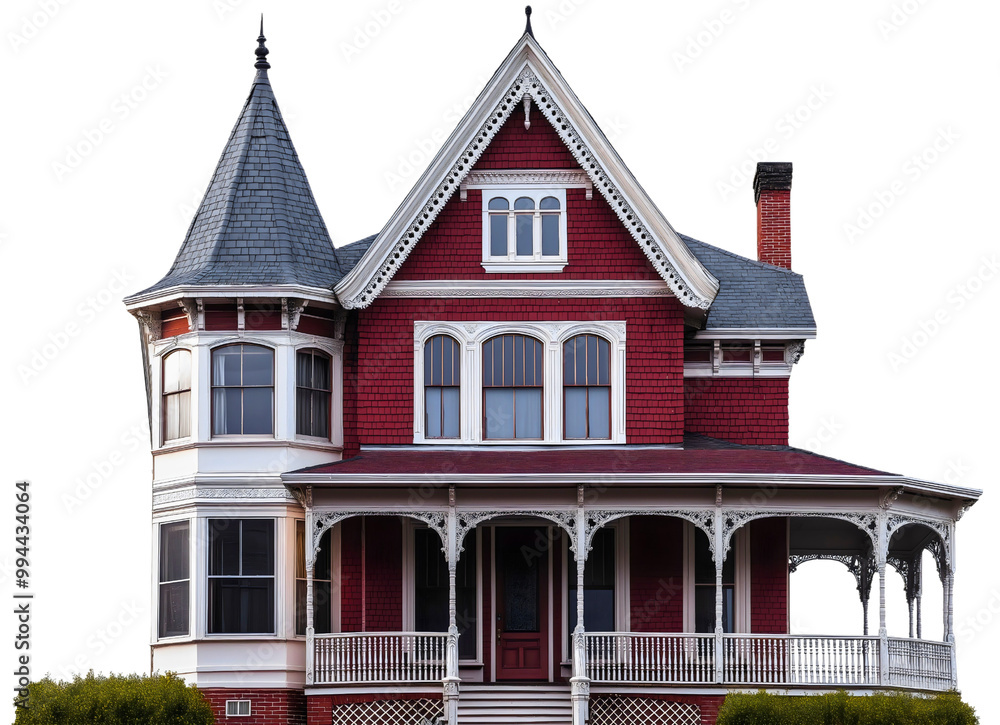 Isolated Victorian house architecture, luxury red and white exterior ...