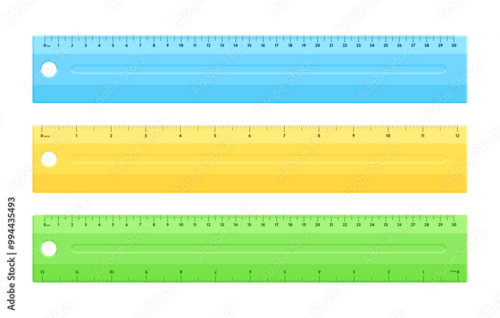 Set of colorful rulers in blue, yellow, and green with 12 inches, 30 ...