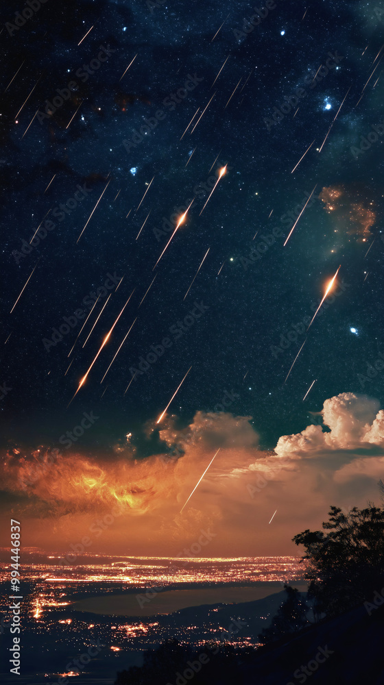 Meteor rain wallpaper depicting night sky, universe with falling stars ...