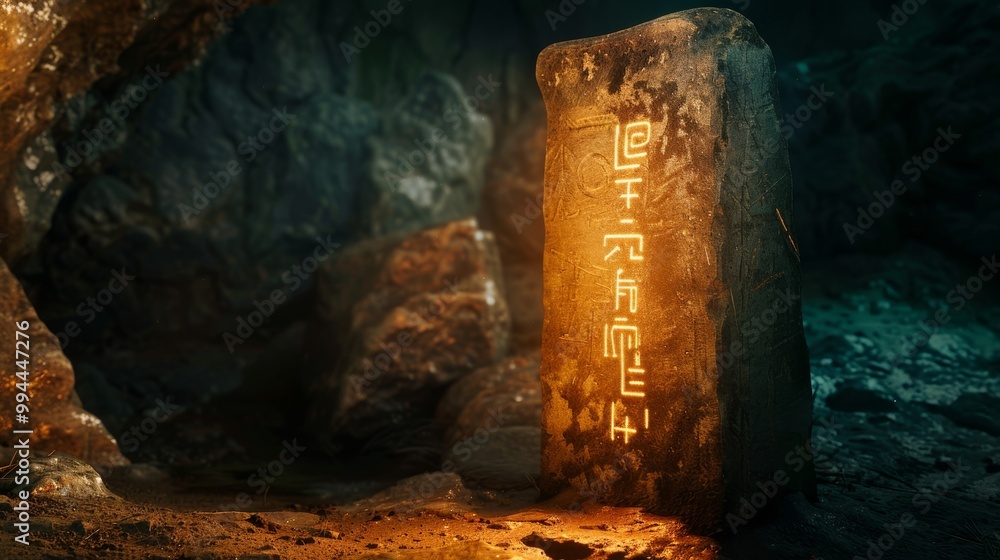 An ancient stone monolith with glowing inscriptions, standing solemnly ...