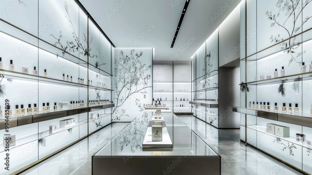 A minimalist perfumery with glass display shelves, a central sampling ...