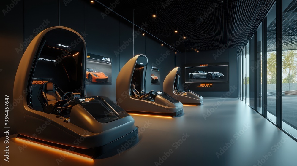 A minimalist race car simulator center with state-of-the-art driving ...