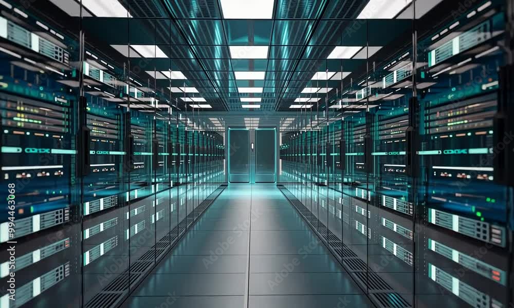 Data flows through fiber optic cables and network servers housed in the modern server room of a ...