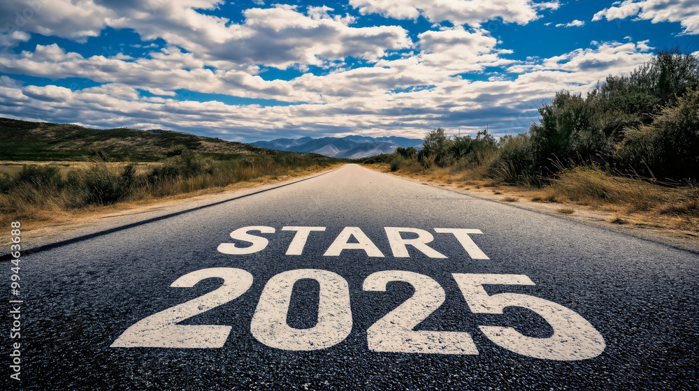 Start of 2025 on asphalt road, new year journey ahead, January calendar ...