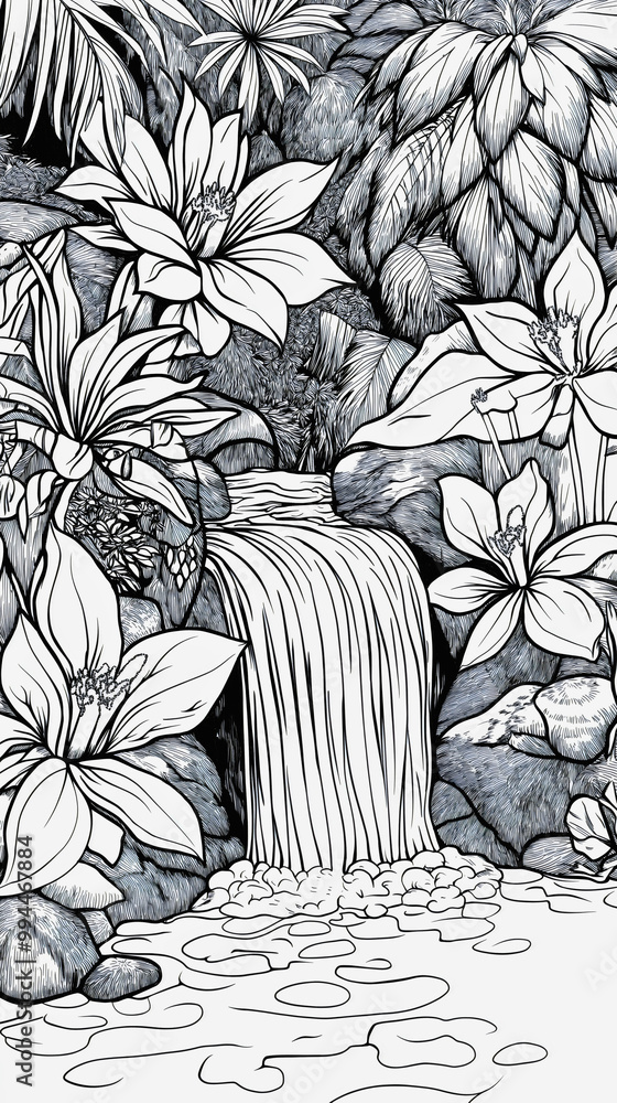 Ilustração do Stock: Waterfall scene for coloring book page, nature ...