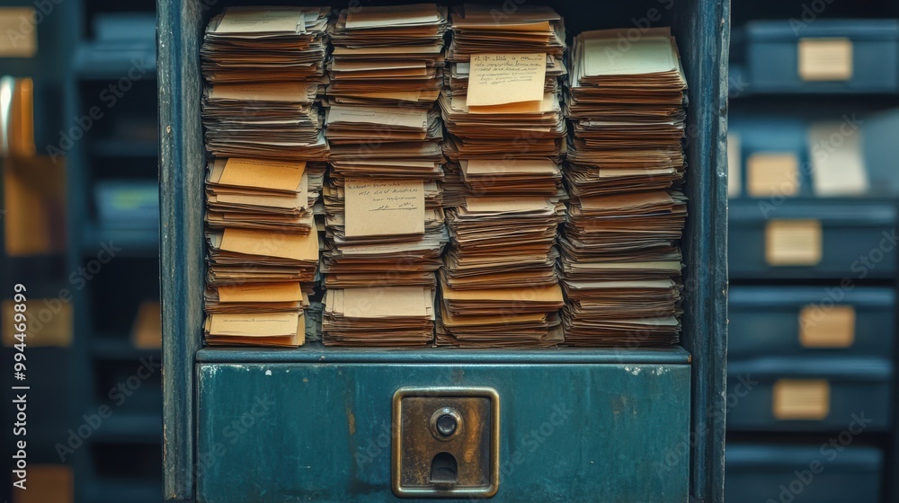 Rows of old paper folders piled up inside a cabinet drawer ...