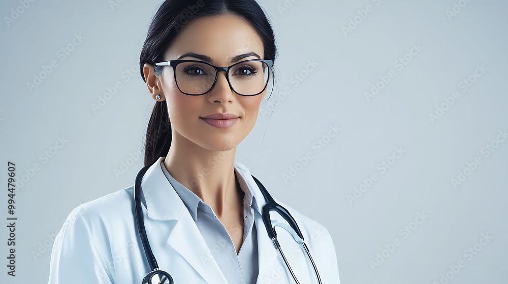 A beautiful female doctor, wearing glasses and a white lab coat, with a ...