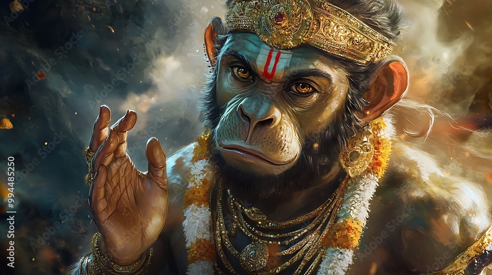 Powerful Hindu God Hanuman with ornate crown and jewelry, illustration ...