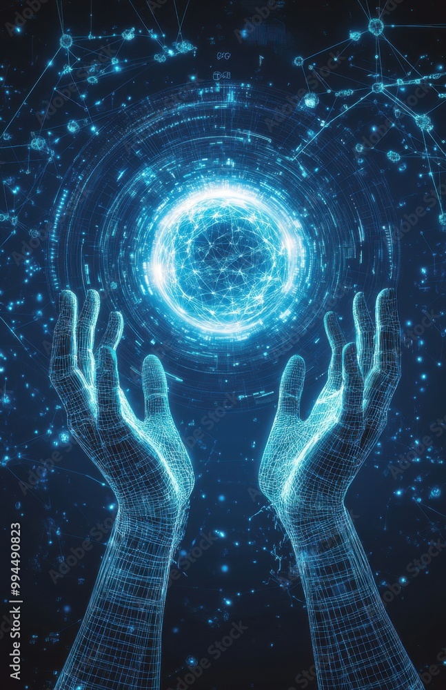 Futuristic wireframe hands reaching towards a glowing digital sphere ...