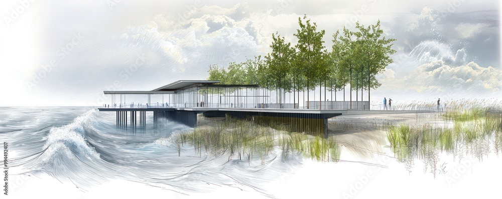 Technical drawing for a coastal resilience center, featuring storm ...