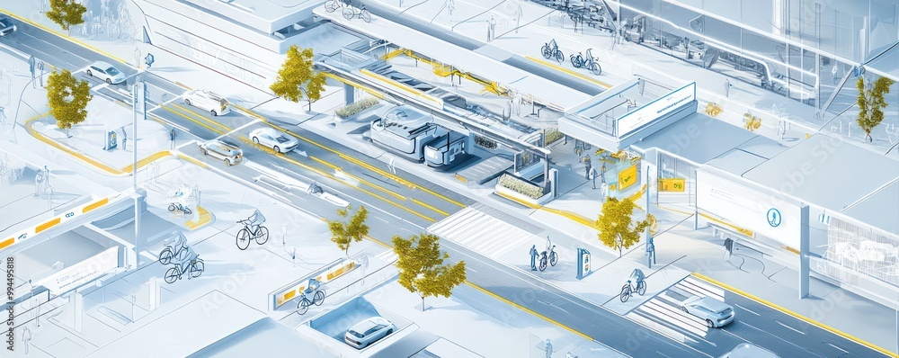Technical drawing for a smart urban mobility hub, detailing autonomous ...