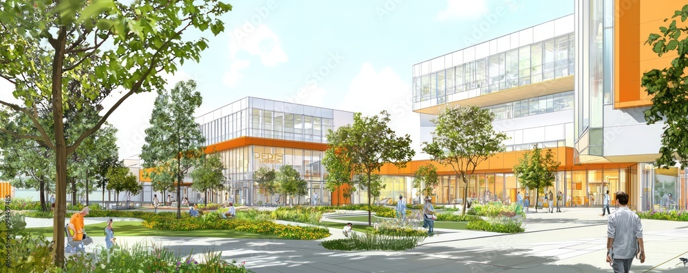 Technical drawing of an integrated healthcare campus, detailing modern ...