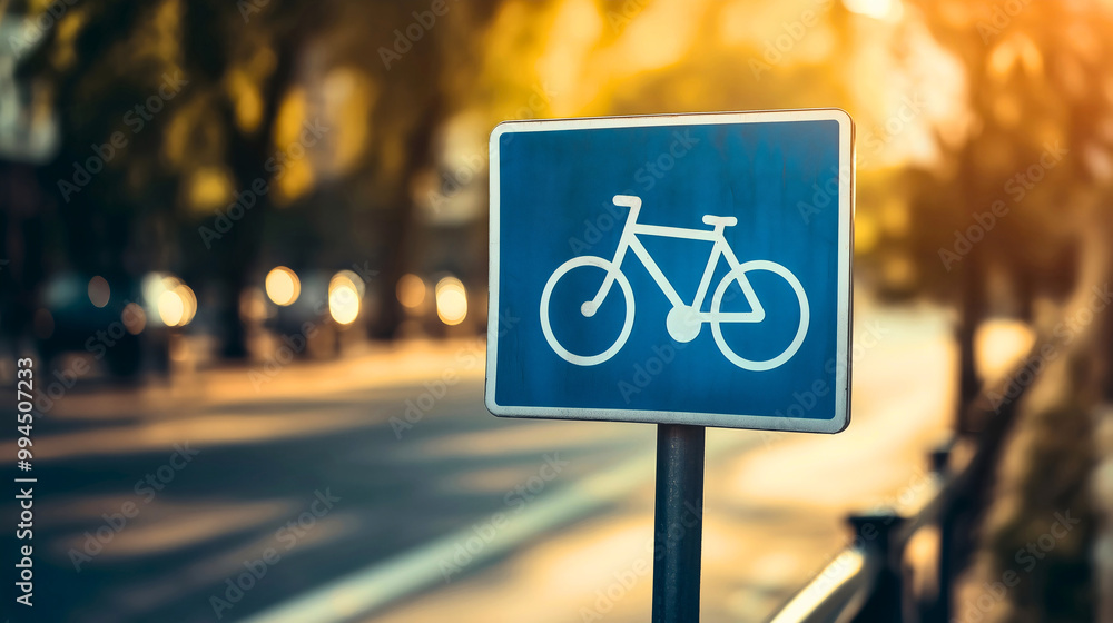 Road sign for bicycle lane, blue bike zone in city street, urban ...