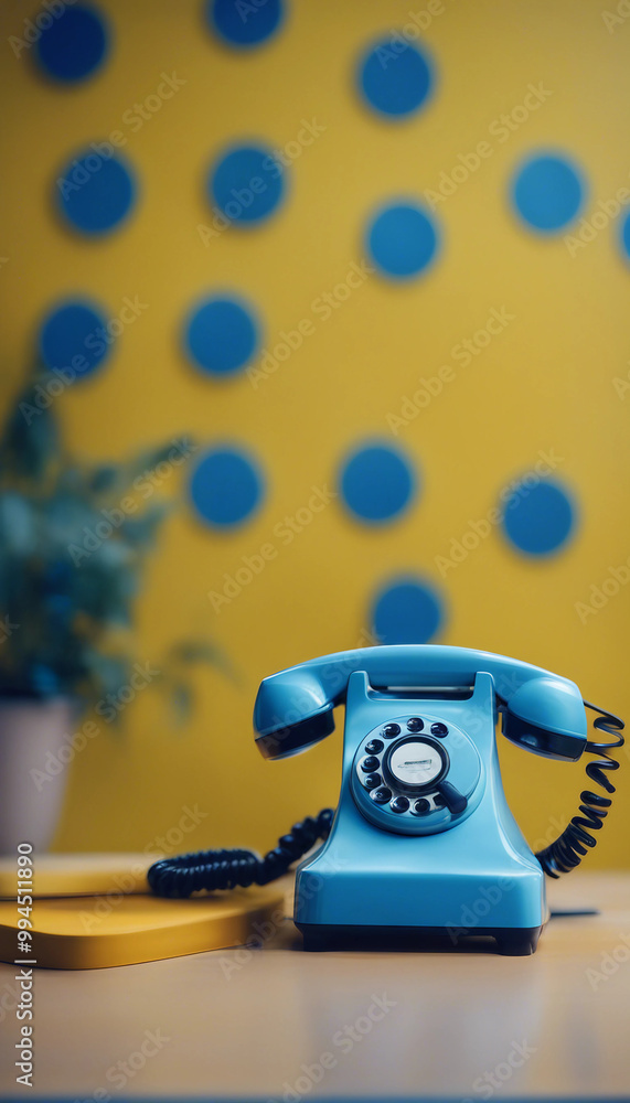 Yellow vintage phone on a table with a vibrant background featuring ...